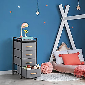 Drawer Dresser for Bedroom Fabric Storage Dresser with 4 Drawers Tower Tall Nightstand Chest of Drawers with Wood Top and Steel Frame Organizer Unit for Closet Living Room Hallway Entryway (Grey)