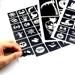 XMASIR 45Pcs Halloween Glitter Tattoo Stencil Kit for Kids,Halloween Pumpkin Stencils Temporary Tattoo Sticker Children Drawing Templates(3 Sheets)