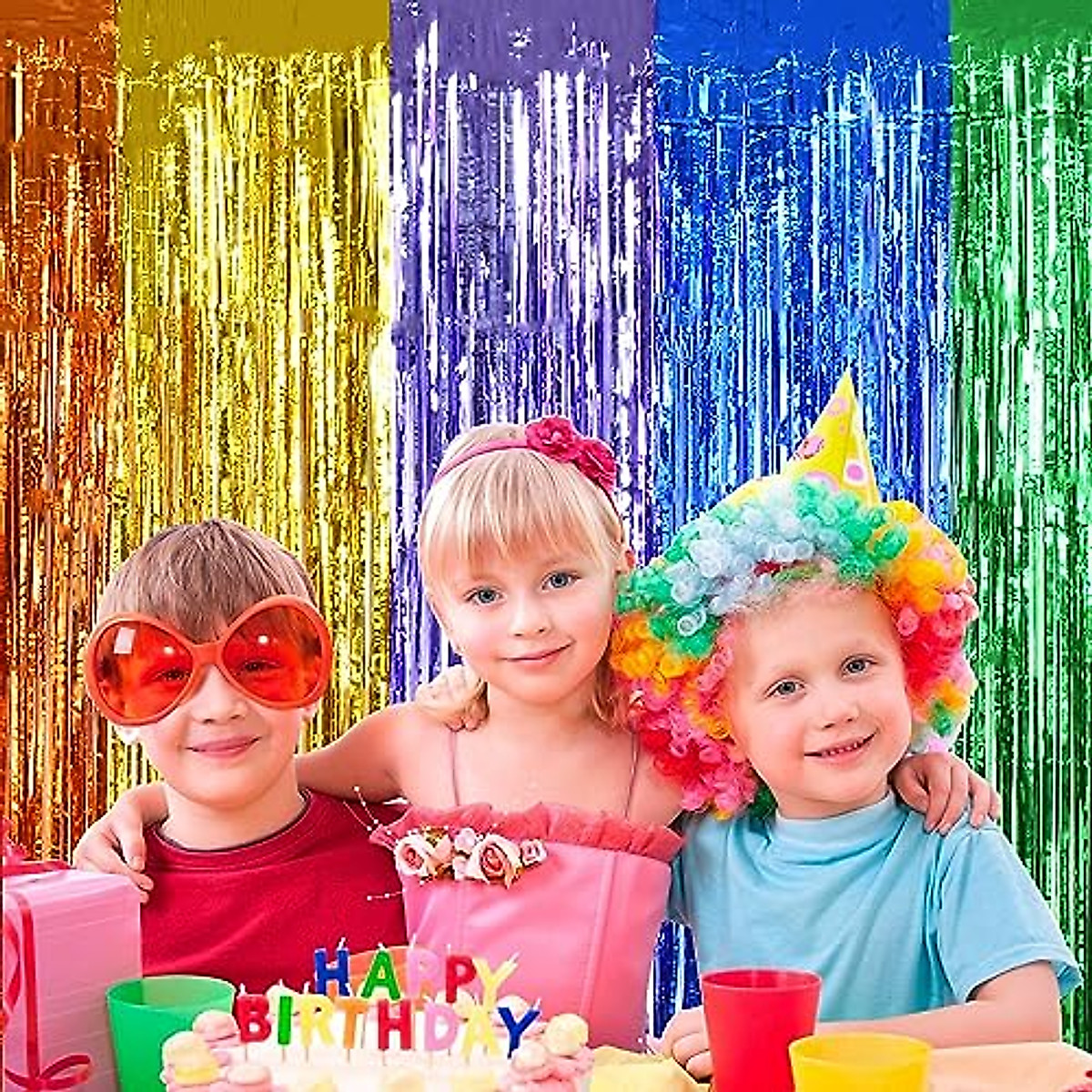 BEISHIDA 4 Pack Rainbow Streamers Fringe Foil Curtain Backdrop Curtain, Tinsel Curtain Wall Door Party Streamers for Birthday Party Decoration(3.28 ft x 6.56 ft)