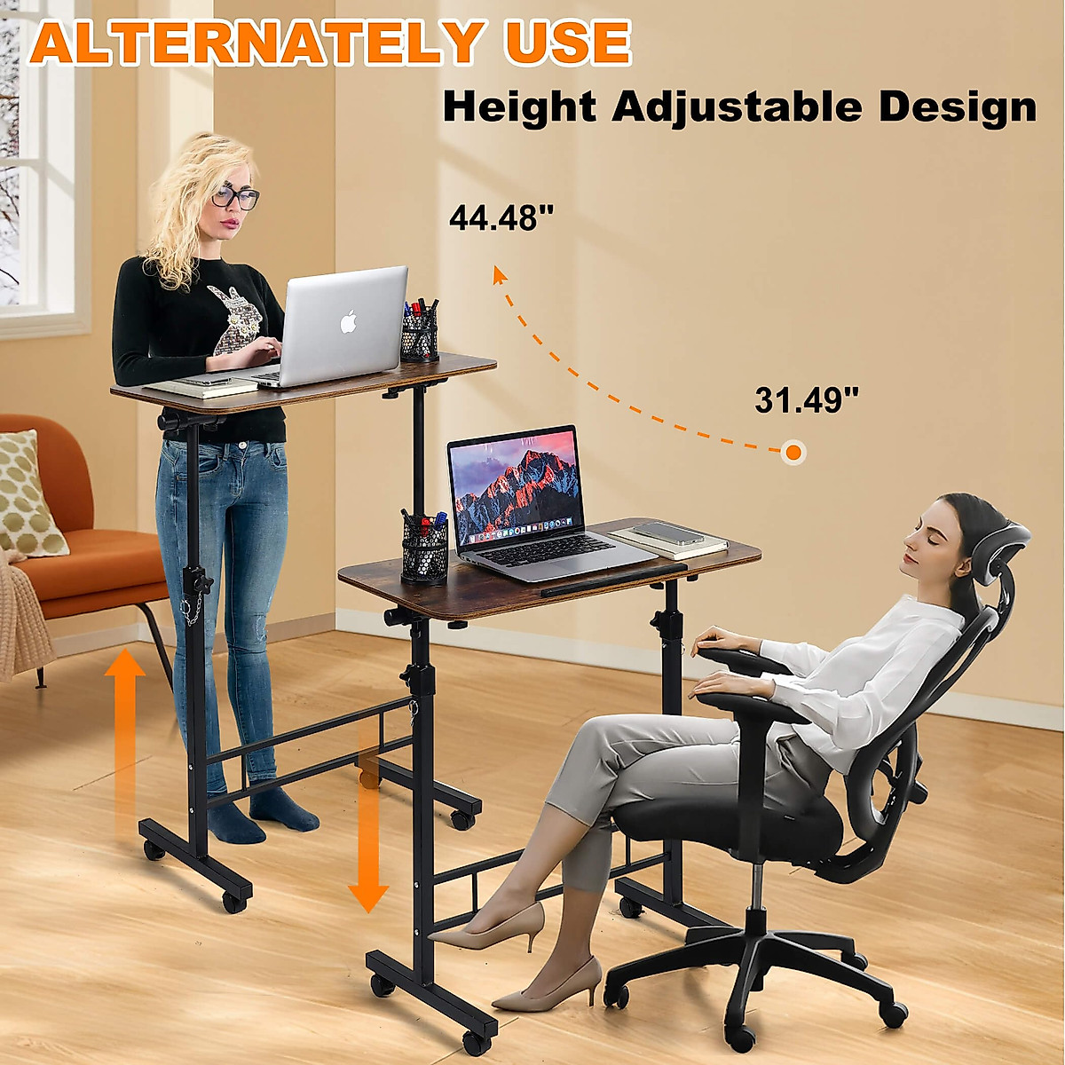 Small Standing Desk Adjustable Height,Rolling Computer Desk,Mobile Standing Desk with Wheels,Portable Stand Up Desk,Tall Computer Table,Adjustable Desktop Sit Stand Desk,Size 31.5x15.7 Inch Brownish C