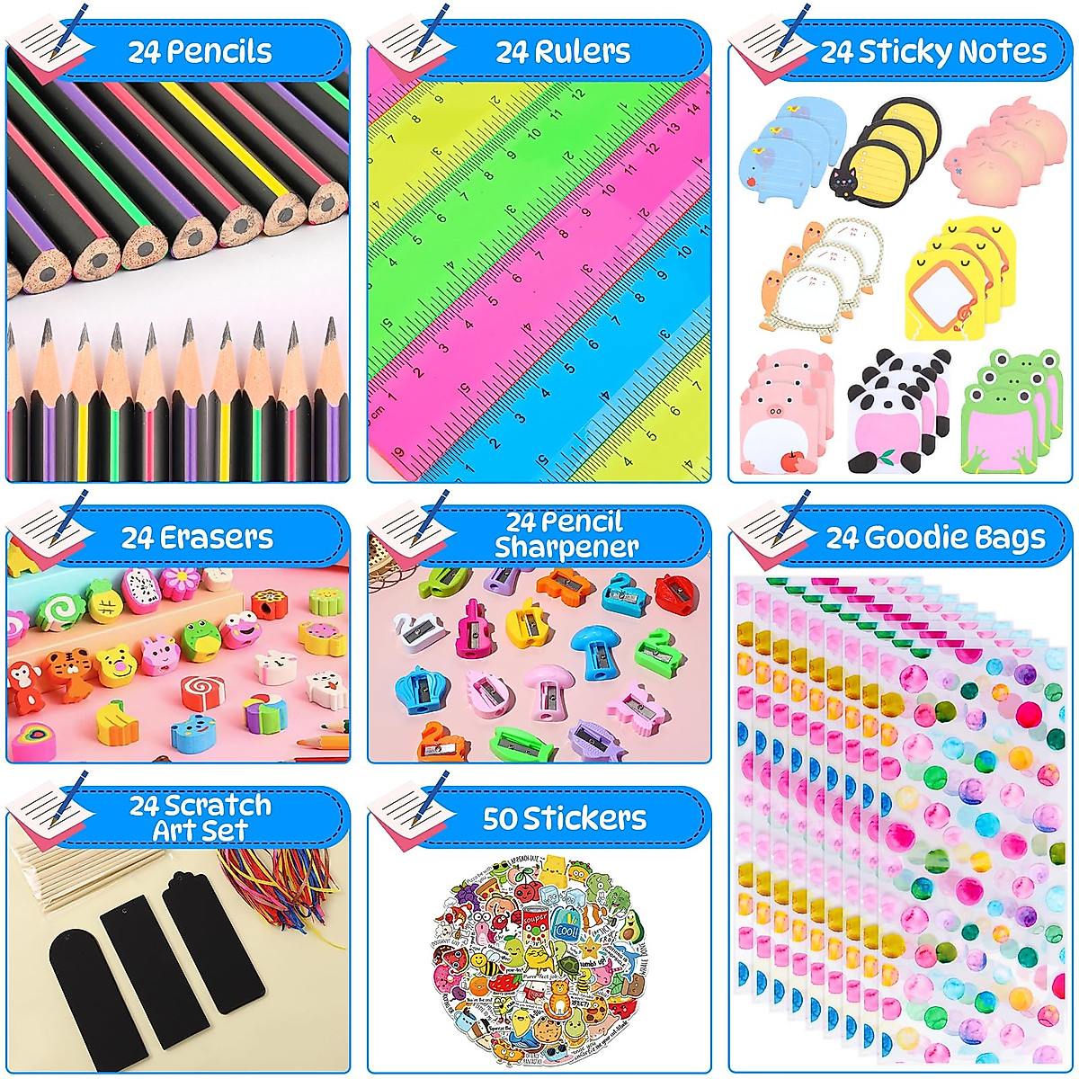 Mepmela Stationery Party Favors for Kids, 24 Pack Stationery Party Supplies With Pencils Rulers Erasers Sticky Notes For Birthday Goodie Bags School Classroom Rewards