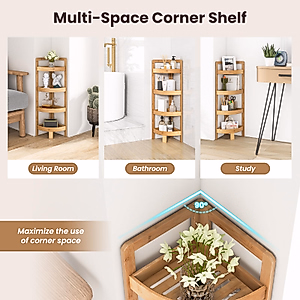 COSTWAY 4 Tier Corner Shelf, 31.5" Bamboo Bookshelf Standing Storage Rack w/Fall Prevention Rail, Ladder Shelf, Freestanding Bathroom Shelf for Bathroom, Living Room, Bedroom, Kitchen, Natural
