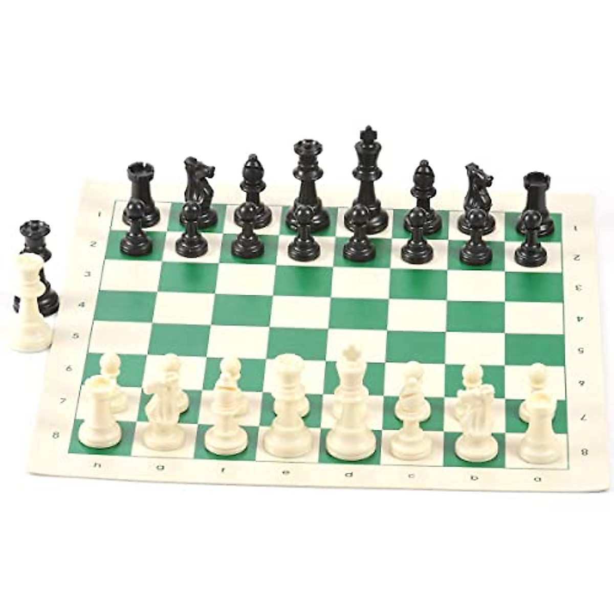 ZOOCEN Chess Set - Plastic Chess Pieces and Green Roll-Up Vinyl Chess Board Foldable Chess Game (with Extra Queen)