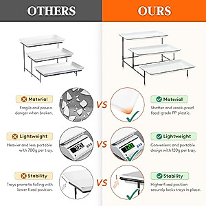 Lifewit 3 Tier Plastic Serving Tray for Party Supplies, 12" x 6.5" Platters for Serving Food, White Reusable Trays with Black Metal Display Stand for Veggie, Fruit, Cookies, Dessert