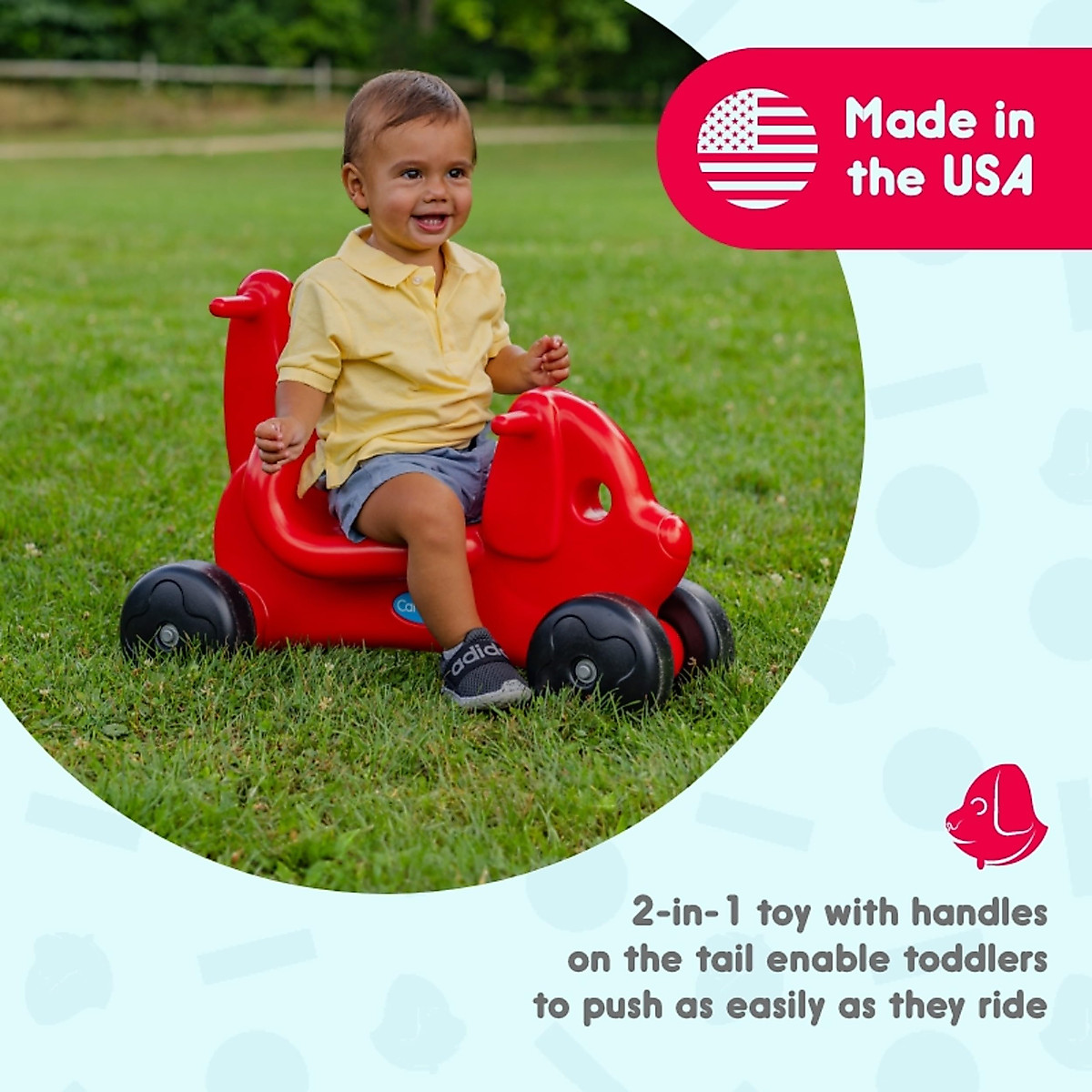 Careplay 2-in-1 Puppy Push & Ride-on Toy, Indoor & Outdoor Use, Low Profile Seat, Recommended for Children up to 50lbs, Durable Construction, Made in The USA (Red)