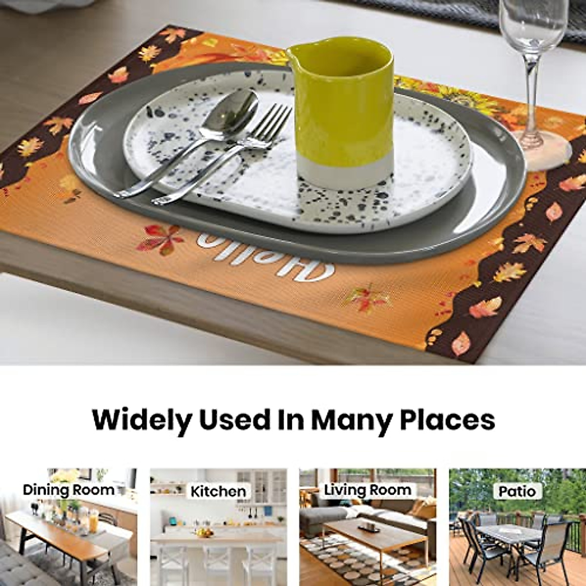 Thanksgiving Placemats Set of 6, Fall Pumpkin Sunflower Heat Resistant Dining Table Placemats, Autumn Leaf Macrame Square Washable Wipeable Linen Fabric Cloth Place Mats for Holiday Kitchen Decor