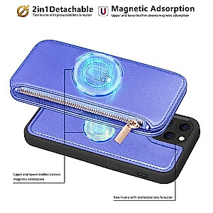 CIVICASE for iPhone 13 Pro Zipper Case with,2 in 1 Wallet Case Magnetic Detachable,RFID Card Protection,6 Card Slots Zipper Pocket Handbag,Wireless Charging Compatible Magsafe -Ocean Blue