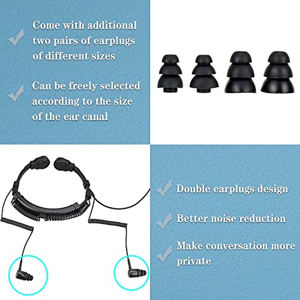Retevis ETK007 Adjustable Throat Mic Walkie Talkie Headset, Compatible RT22 RT21 H-777 RT68 RT22S RT19 Walkie-Talkie, 2 Way Radio Headset with Finger PTT Two Earplugs, for Cycling(1 Pack)