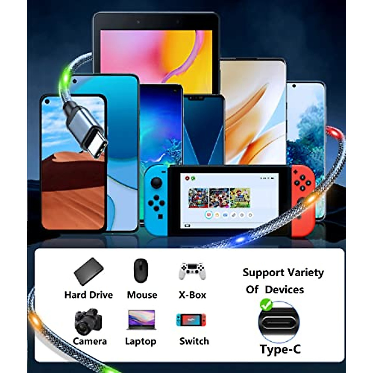 USB C Cable,Fast Charging USB A to C Cable with Data sync, Voice Control LED Light Up Phone Charger Cord for Samsung Galaxy S8/S9/S10/S20/S21, LG, Google Pixel, Oneplus, Moto and More.