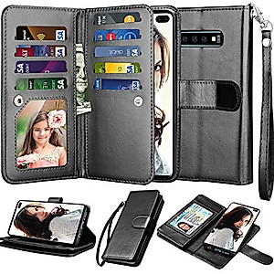 NJJEX Wallet Case for Galaxy S10 Plus, for Galaxy S10+ Case, PU Leather [9 Card Slots] Credit Holder Folio Flip [Detachable][Kickstand] Magnetic Phone Cover & Wrist Strap for Samsung S10 Plus [Black]