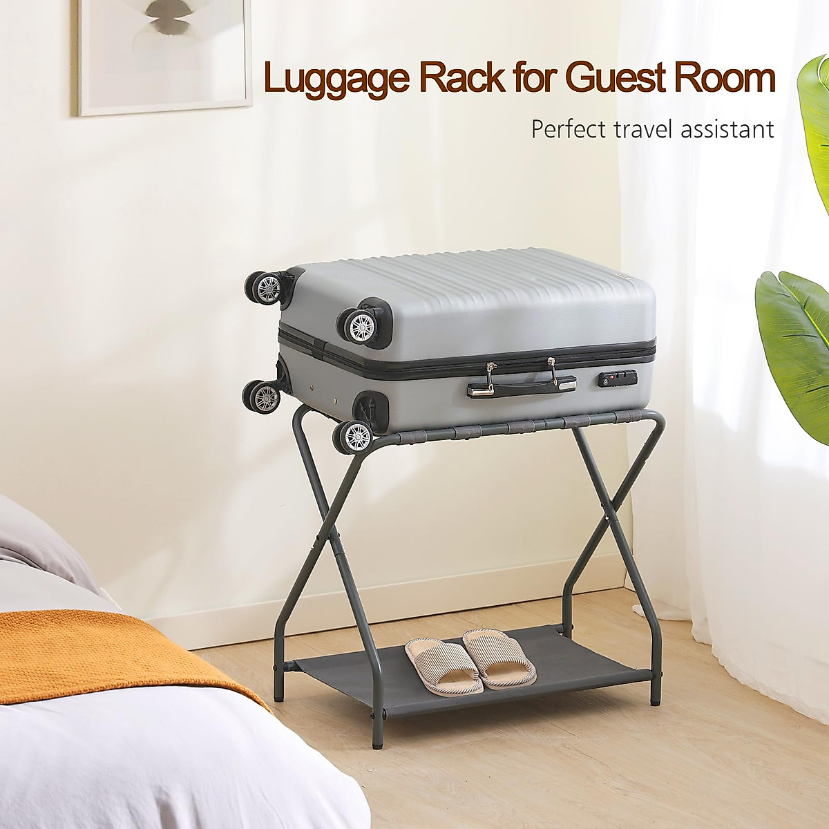 AMHANCIBLE Luggage Rack, Set of 2, Foldable Suitcase Stands for Guest Room, Metal Luggage Holder with Storage Shelf for Bedroom, Hotel, Easy Assemble, HLR02GY