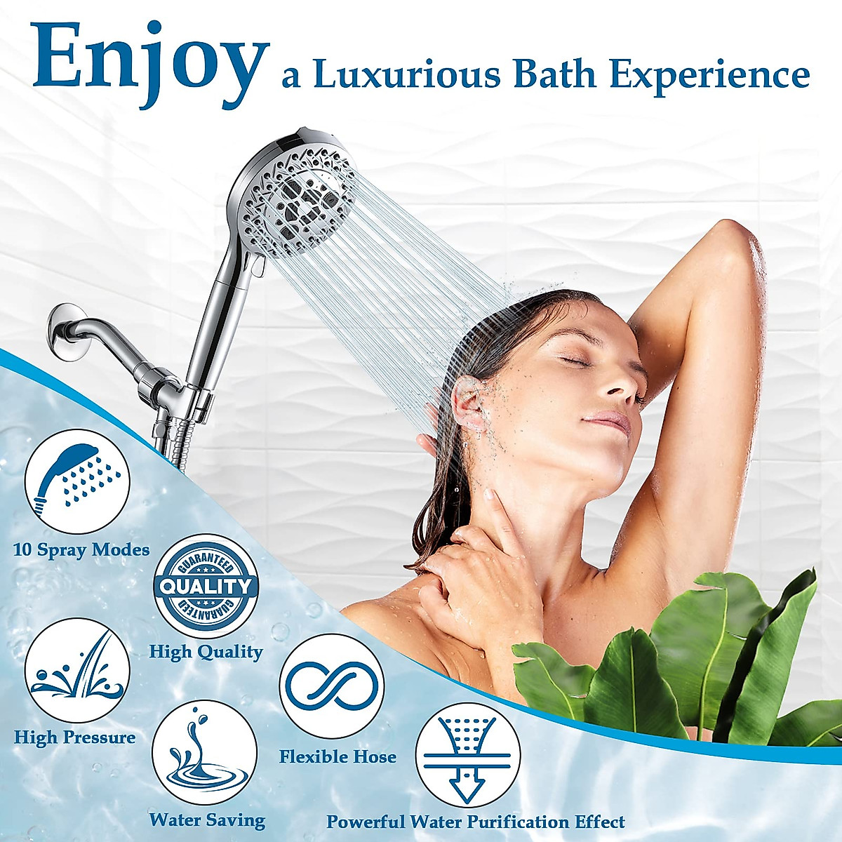 Aiscsc 10 Settings Shower Head with Handheld, 5" High Pressure Showerhead Include 2 Powerful Wash Modes for Cleaning Bathroom, Hand held Shower Head Set with Stainless Steel Hose Filter for Hard Water