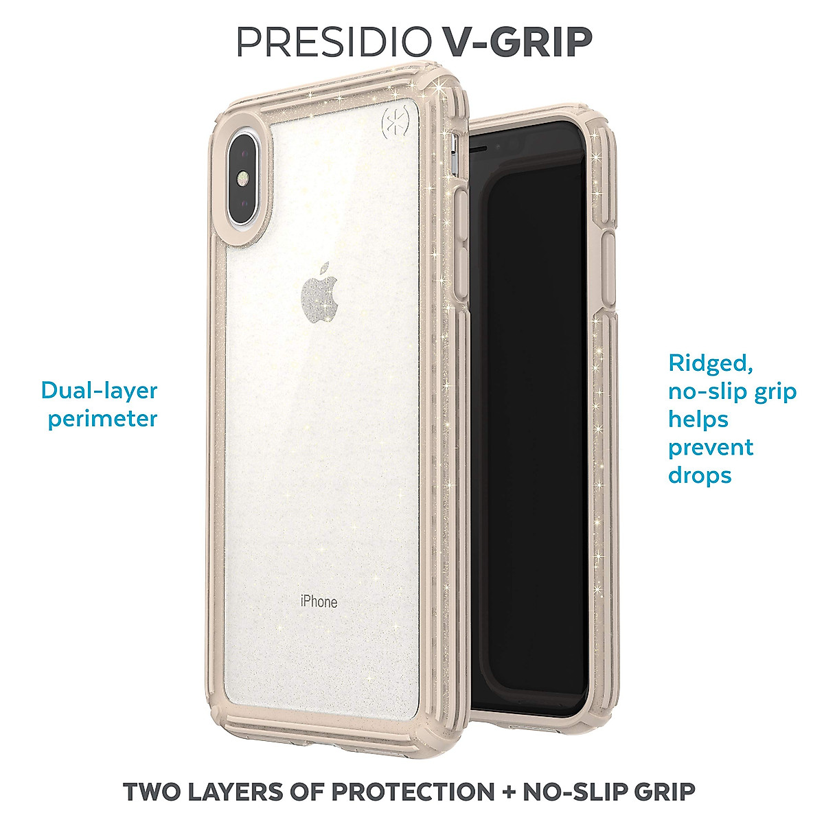 Speck Products Presidio V-Grip iPhone Xs Max Case, Clear with Gold Glitter/Calfskin Brown (120255-7730)