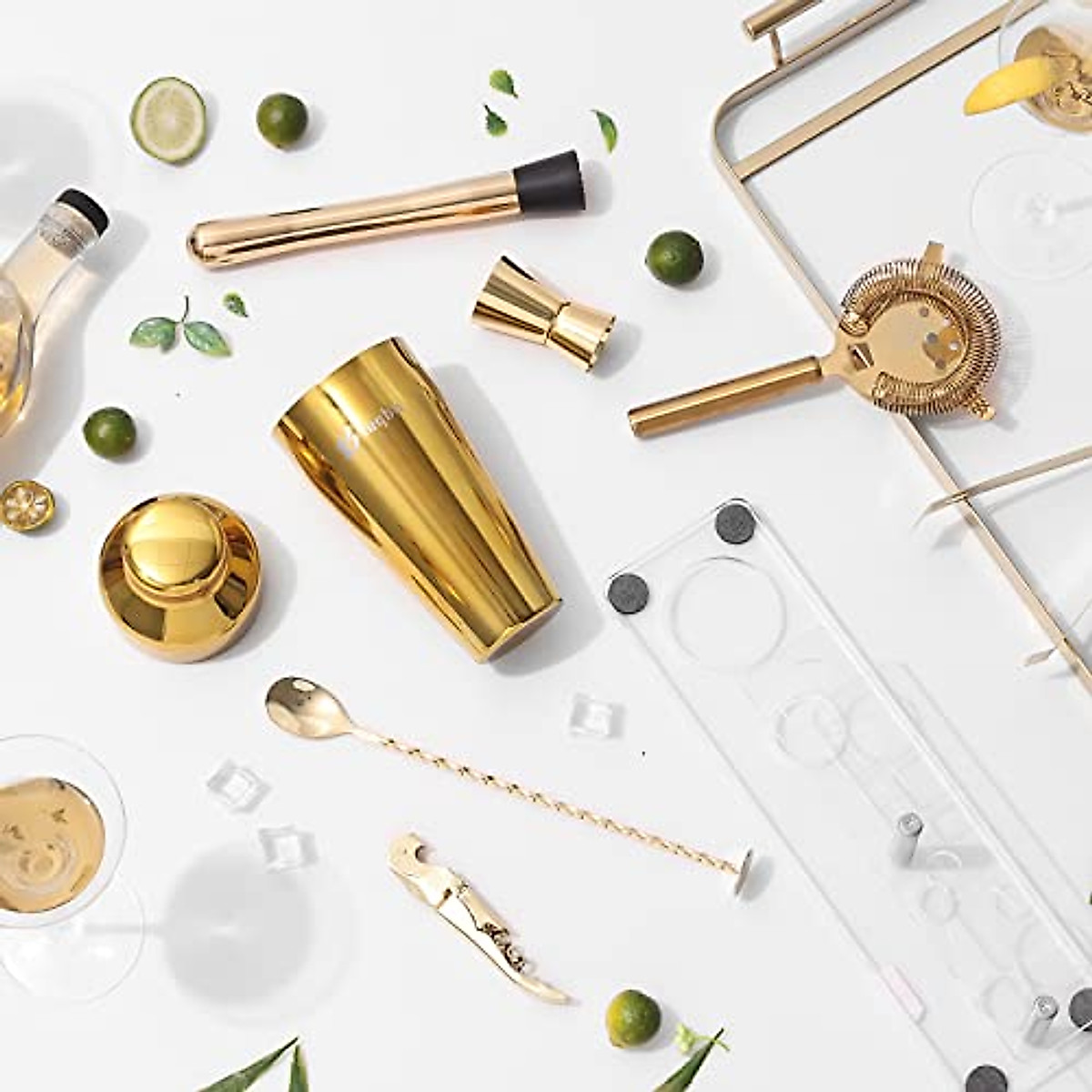 Btuqbu Cocktail Shaker Set with Arcylic Stand, Mixology Bartender Kit for Drink Mixing | Mixology Set with 7 Bar Set Tools Cocktail Kit (Gold)