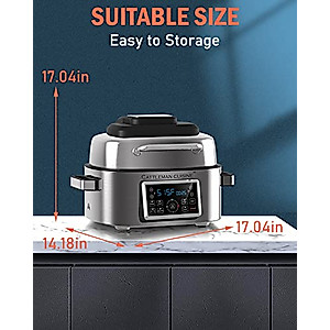 Grill and Air Fryer Combo, CATTLEMAN CUISINE 10-in-1 Indoor Electric Grill, Stainless Steel Air Fryer Grill with Air Grill, Air Fryer, Roast, Bake, Dehydrate, Beef & Fries, 6.5QT, Silver