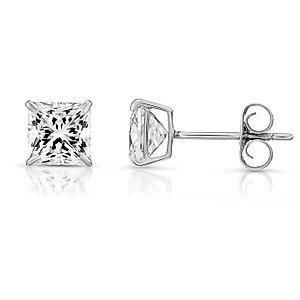 14k Solid Gold PRINCESS Stud Earrings Square Cubic Zirconia Princess-cut CZ Unisex Studs, 14kt White Gold (5mm)