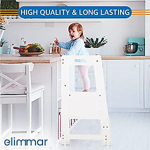 ELIMMAR Toddler Standing Tower - Wooden Learning Tower for Children - 5-Level Adjustable Height, Non-Slip Steps & Feet Pads, Silicone Mat, 2 Safety Bars - Helper Stool for Kids - White, 16x15.7x35.4