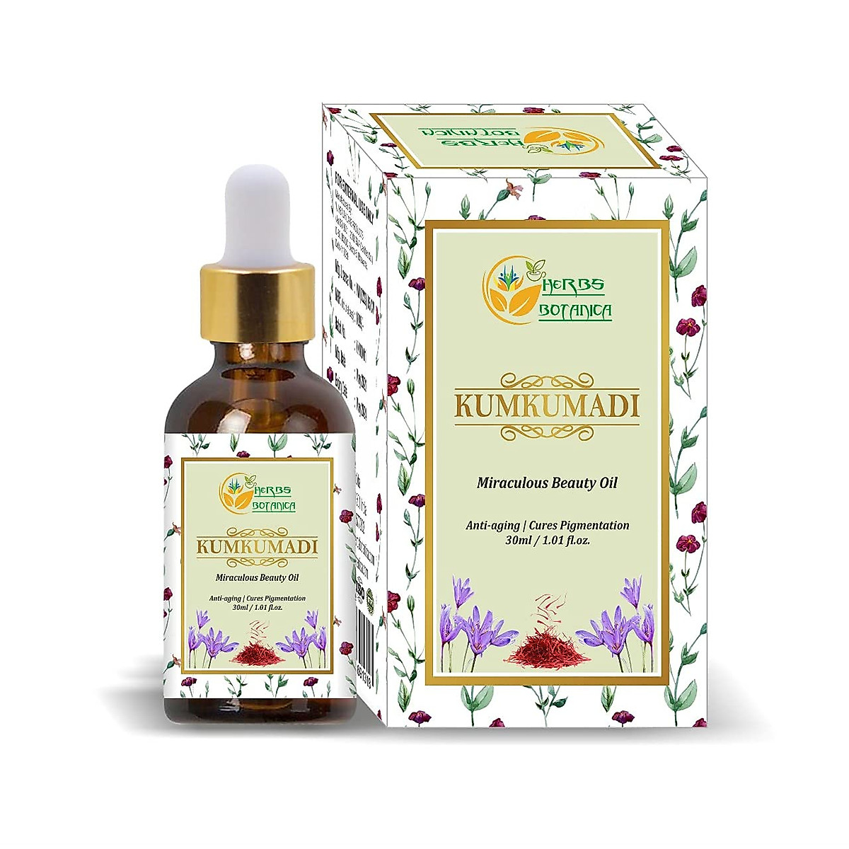 Herbs Botanica Kumkumadi Oil Pure Ayurveda Face Oil with Saffron, Serum Face Moisturizer 26 Herbs 30 Ml
