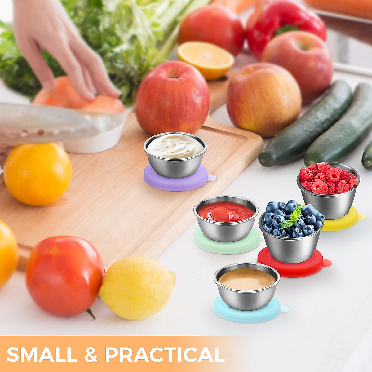 5×1.6oz Salad Dressing Container To Go for Lunch Box, Small Condiment Containers with Lids, Mini Stainless Sauce Cups Snack Food Storage Meal Prep Containers Reusable Bento Box Accessories Kids Adult