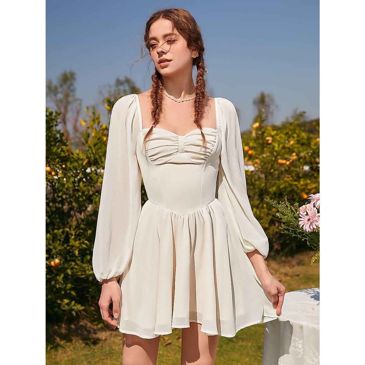 Verdusa Women's Long Sleeve Sweetheart Neck Lantern Sleeve Ruched Bust Ruffle Trim Mini Dress White XS