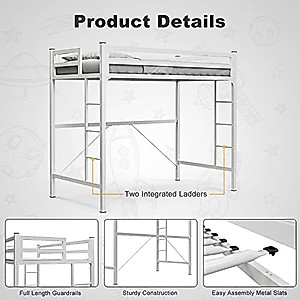 IKIFLY Junior Metal Twin Loft Bed Frame/Two Build-in Ladders & Safety Guard Rail - for Adults/Teens - Easy Assembly, Space-Saving Design - White