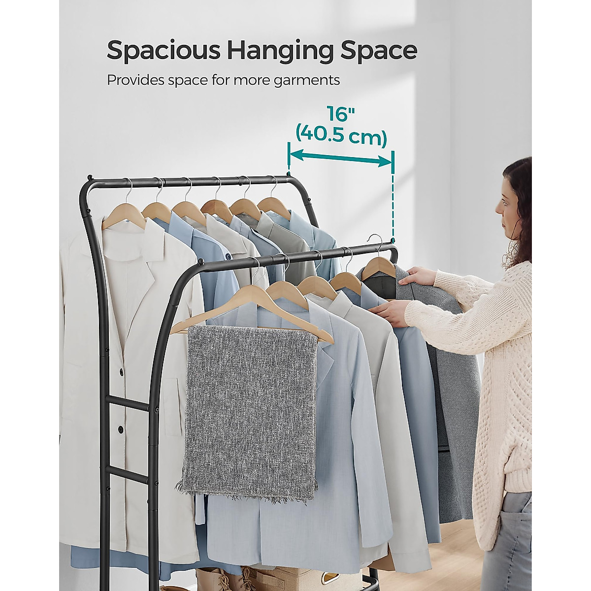 SONGMICS Clothes Rack, Clothing Rack with Shelves, Garment Racks Heavy Duty, Double Rod Clothes Rack with 6 Hooks, Clothes Storage and Display, for Living Room, Bedroom, Ink Black UHSR109B01