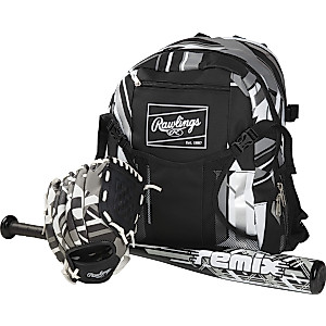 Rawlings Remix Series Youth 9" Tball Glove (Right Hand Throw), 24" Tball Bat & Tball Backpack Bag Set (Black/White/Silver)