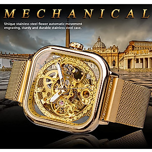 FORSINING Fashion Automatic Mechanical Wrist Watch Golden for Mens Waterproof Watches with Stainless Steel Skeleton Transparent Dial with Royal Flower Movement Carving