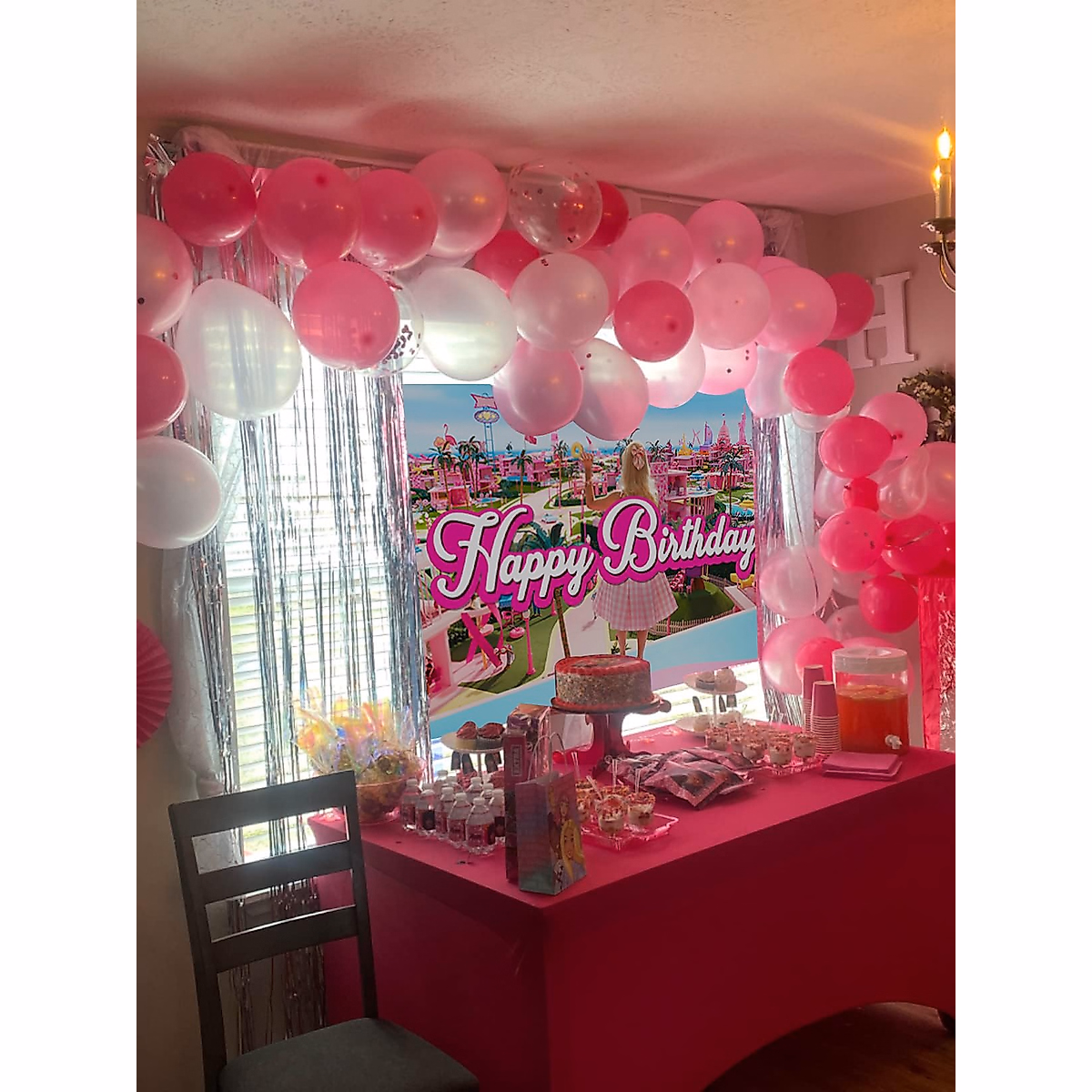 GUOJLONG Pink Princess Photography Backdrop Movie Themed Birthday Background for Girls Kids Paradise Birthday Banner Baby Shower Photography Party Supplies (5x3ft)