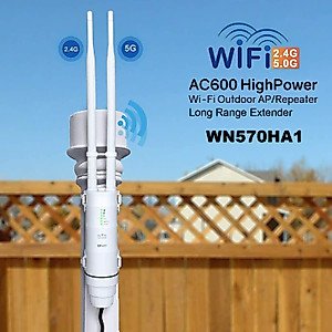 AC600 Long Range Outdoor WiFi Extender with Ethernet Port, MyMAX WN570HA1 Dual-Band 2.4+5GHz 600Mbps Weatherproof Outside PoE Access Point/Wireless Repeater/Signal Booster Amplifier in 2-Antenna