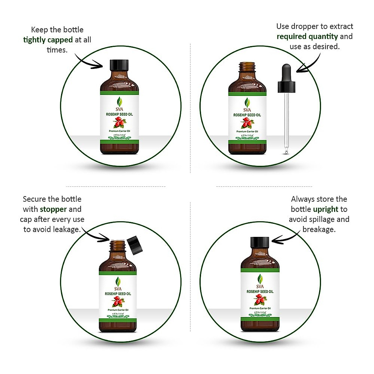 SVA Rosehip Seed Oil - 4 Fl Oz – 100% Natural Cold Pressed Rosehip Oil - for Face, Skin Care, Hair Care, Scalp Massage & Body Massage – Carrier Oil with Dropper