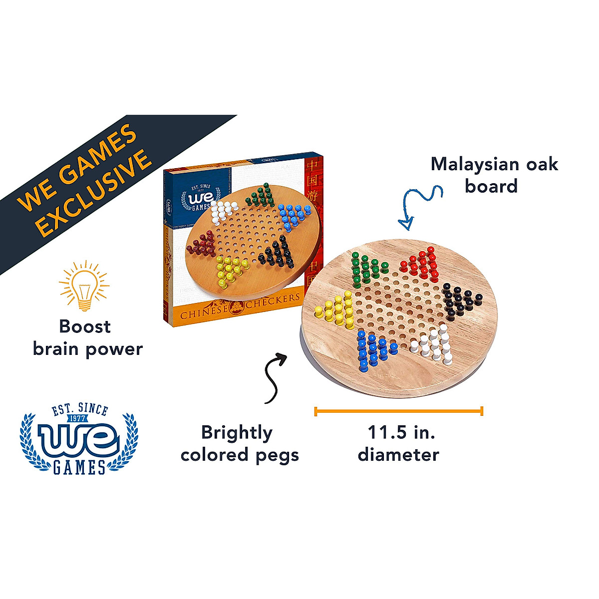 WE Games Solid Wood Chinese Checkers Board Game with Pegs- 11.5 in,6 players