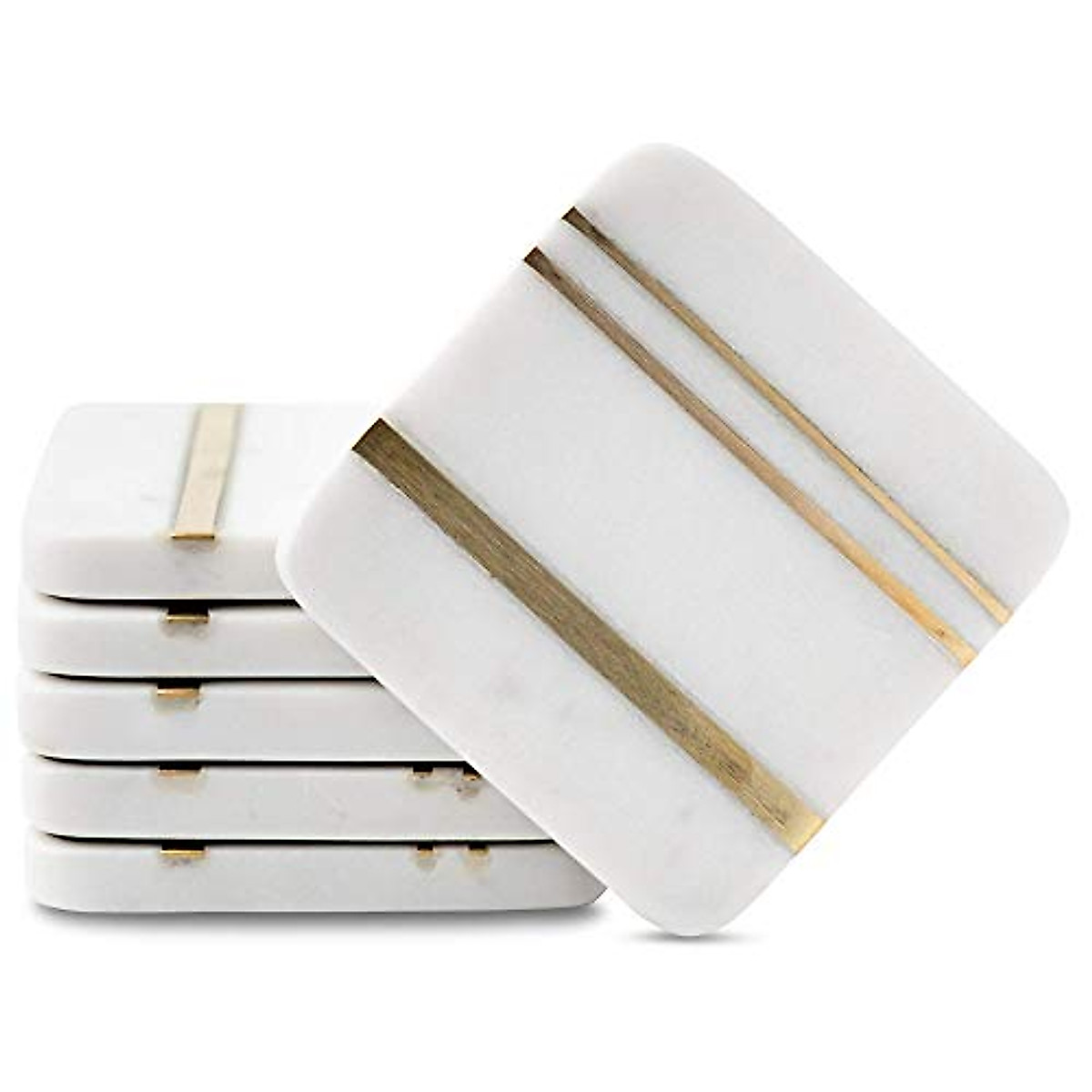 Cork & Mill Marble Coasters for Drinks - Set of 6 Handcrafted Modern Coasters - White Drink Coasters with Gold Brass Inlay - Made from Real Solid Marble