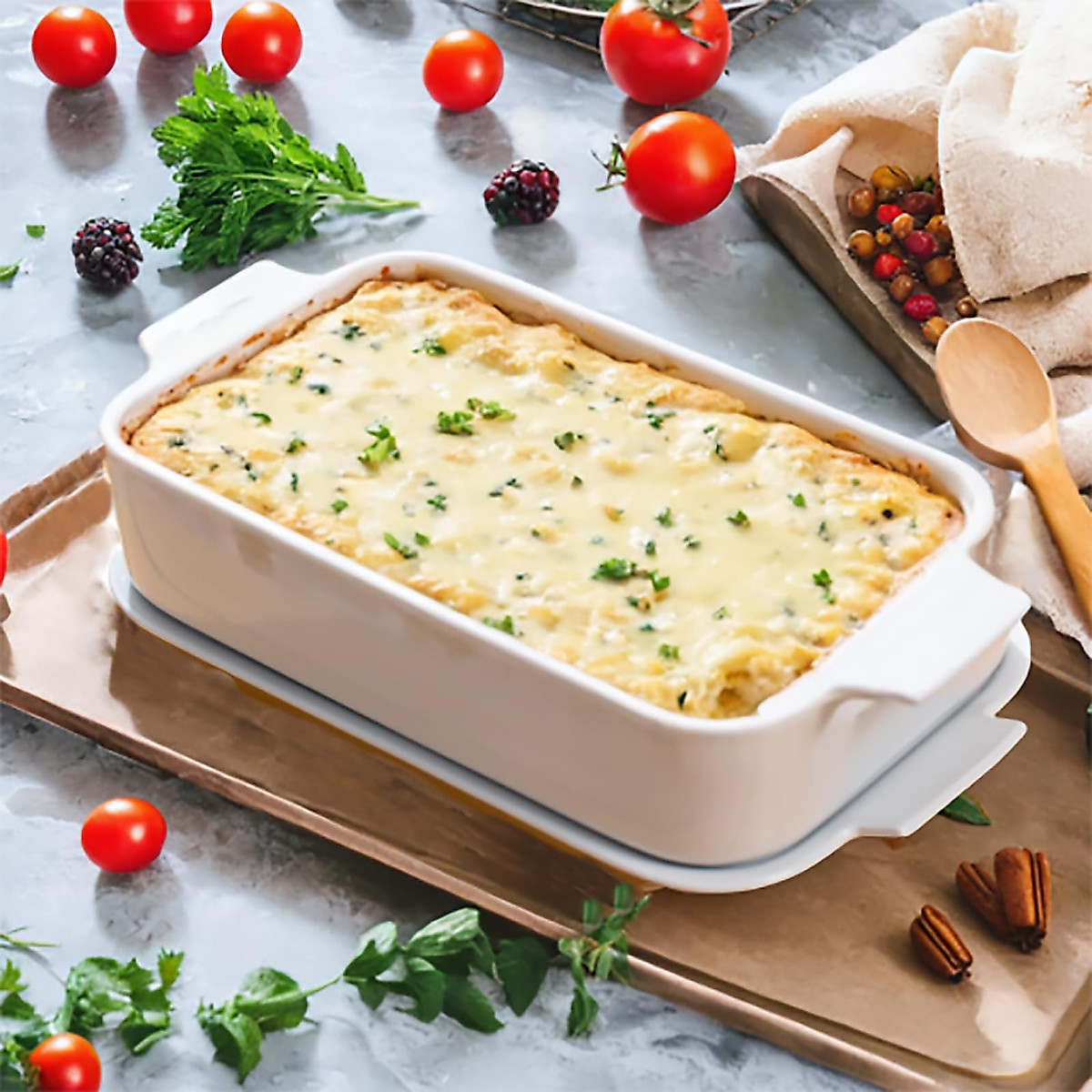 Unilives Ceramic Baking Dish with Lid, Casserole Dishes for Oven, 9x13 White Casserole Dish with Lid, Lasagna Pan Deep with Handles, for Casseroles Baking Roasted Vegetables, Microwave, Dishwasher Safe
