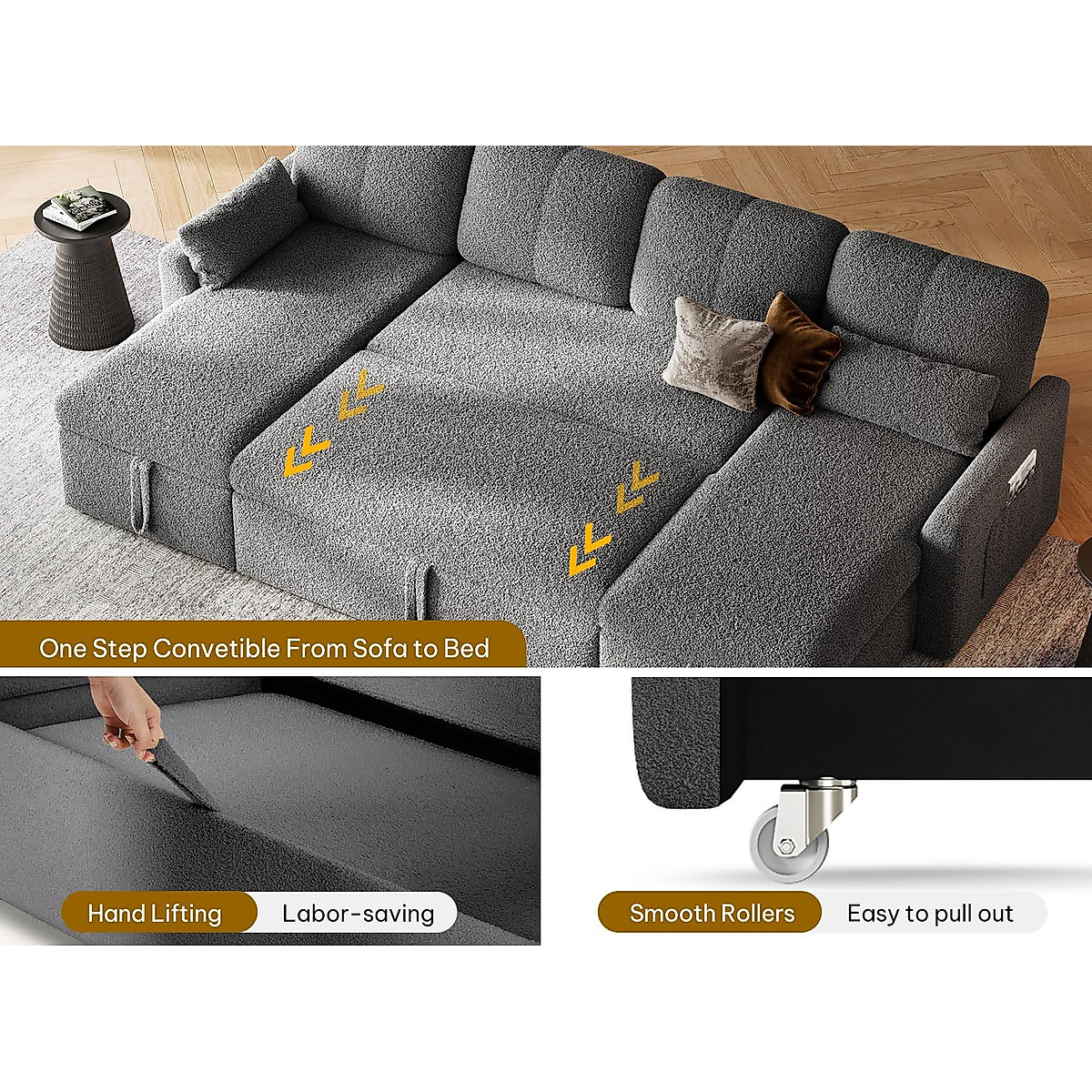 YITAHOME 105" Oversized Sleeper Sofa, 2 in 1 Convertible Sofa Bed with Pull Out Couch Bed and Dual Storage Chaise, U-Shape Sectional Sofa for Living Room, Teddy Fleece, Grey