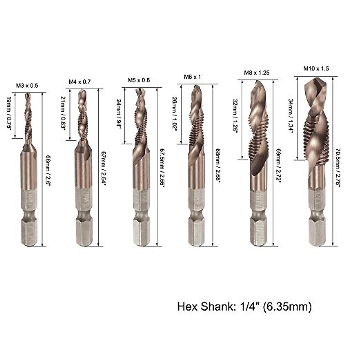 uxcell Combination Drill and Tap Bit Set M3 M4 M5 M6 M8 M10 with 1/4" Hex Shank Vacuum Titanium Coated High-Speed Steel Countersink Bit Spiral Flute Tapping Tool 6pcs