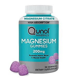 Qunol Magnesium Gummies for Adults, 200mg Magnesium Citrate High Absorption Supplement, Supports Nerve/Bone Health, Muscle Health, Vegetarian, 90 Count (pack of 1)