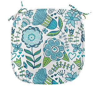Ambesonne Blue and Green Chair Seating Cushion Set of 6, Doodle Illustration of Nature Flower Butterflies and Dragonflies, Anti-Slip Seat Padding for Kitchen & Patio, 16"x16", Blue Apple Green White