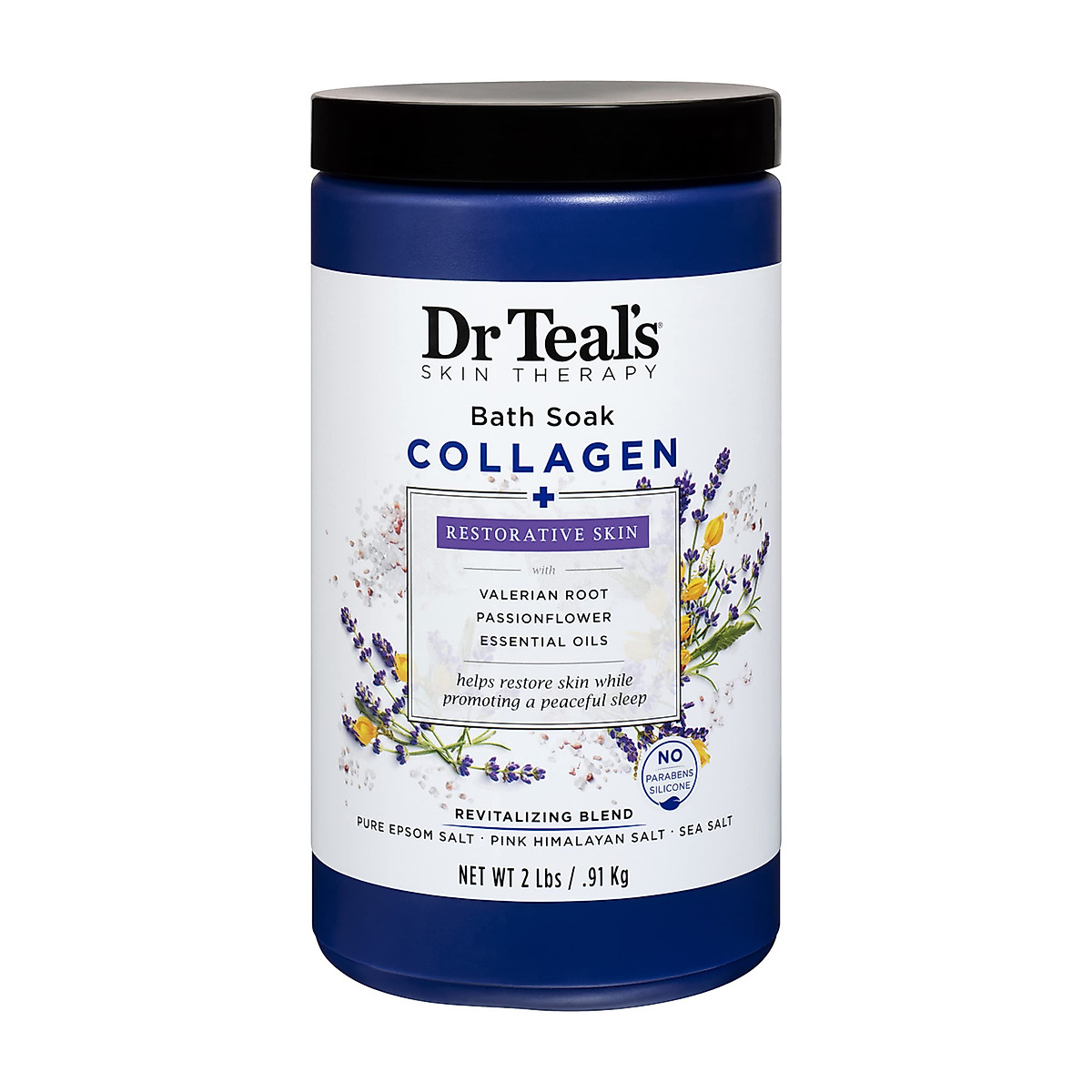 Dr Teal's Skin Therapy Epsom Salt Bath Soak Collagen + Restorative Skin with Valerian Root, Passionflower and Essential Oils, 2 lbs (Packaging May Vary)