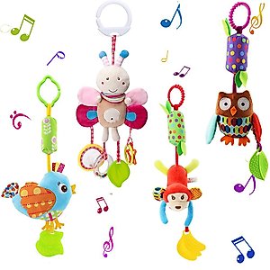 Sealive 4 Piece Baby Stroller Toy Sensory Musical Toys, Soft Rattles Hanging Plush Activity Crib Car Seat Toys for Babies Boy Girl