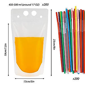 Tomnk 200PCS Drink Pouches for Adults with Straws, Heavy Duty Hand-held Translucent Reclosable Plastic Smoothie Drink Pouches with 200 Straws