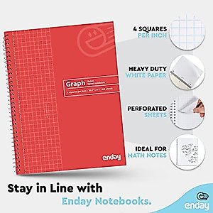 Graph Paper Notebook Quad Ruled Spiral Grid Notebook PACK Of 4 White Paper 100 Sheets Assorted Colors Wire Bound Graphing Books - by Emraw
