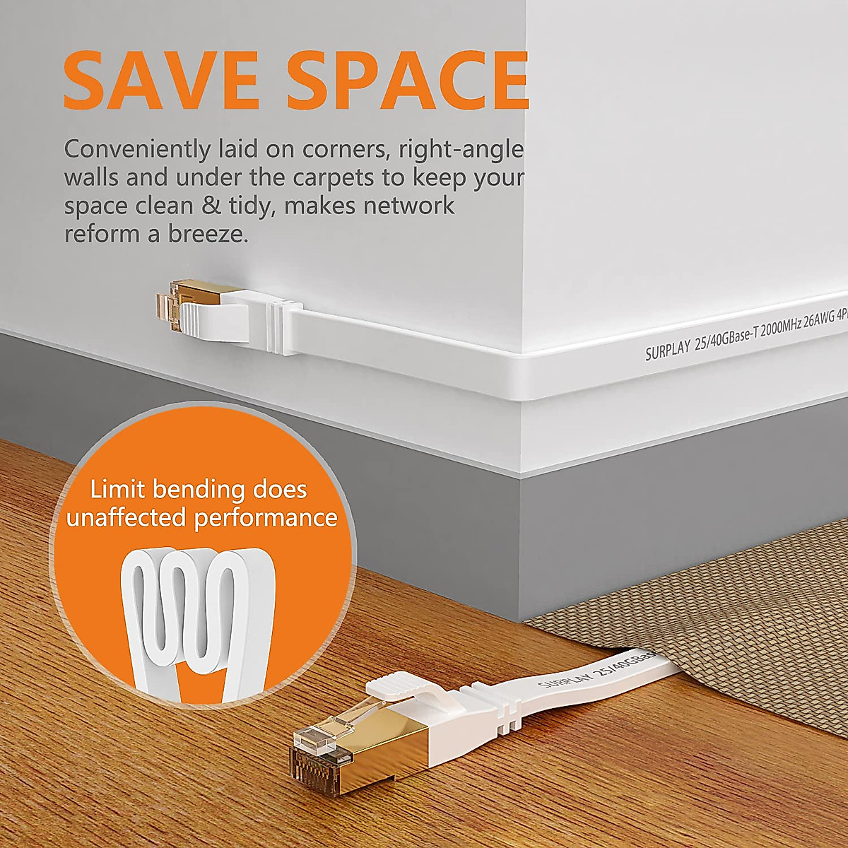 Surplay Cat8 Ethernet Cable 15FT-White-40Gbps-2000Mhz,High Speed Outdoor&Indoor Flat Cord,Gold-Plated RJ45 Double Shielded with Ground Wire & Cable-Tie for PS5/4,Xbox,TV,Router,PC,NAS