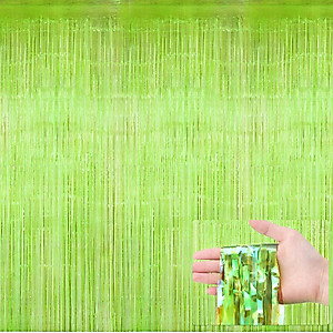 Fanfanwin Neon Green Streamers Backdrop 3.28 x 8.2 ft Lime Green Foil Fringe Curtain Metallic Tinsel Door Streamers for Birthday Bachelorette Christmas, New Year, Disco Party, Neon Party Decorations