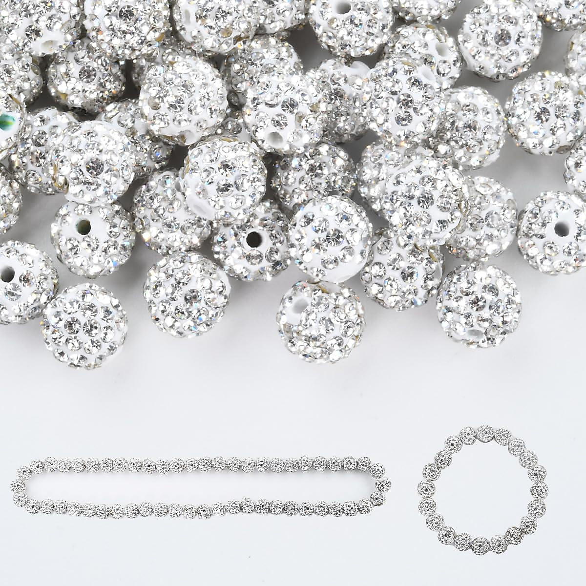 100pcs 10mm Rhinestone Clay Beads for Crafting - Ice Collection Baseball Bling Style, Round Shamballa Disco Ball Design, Fancy Sparkle for DIY Necklace Jewelry Making Christmas Decorations (White)