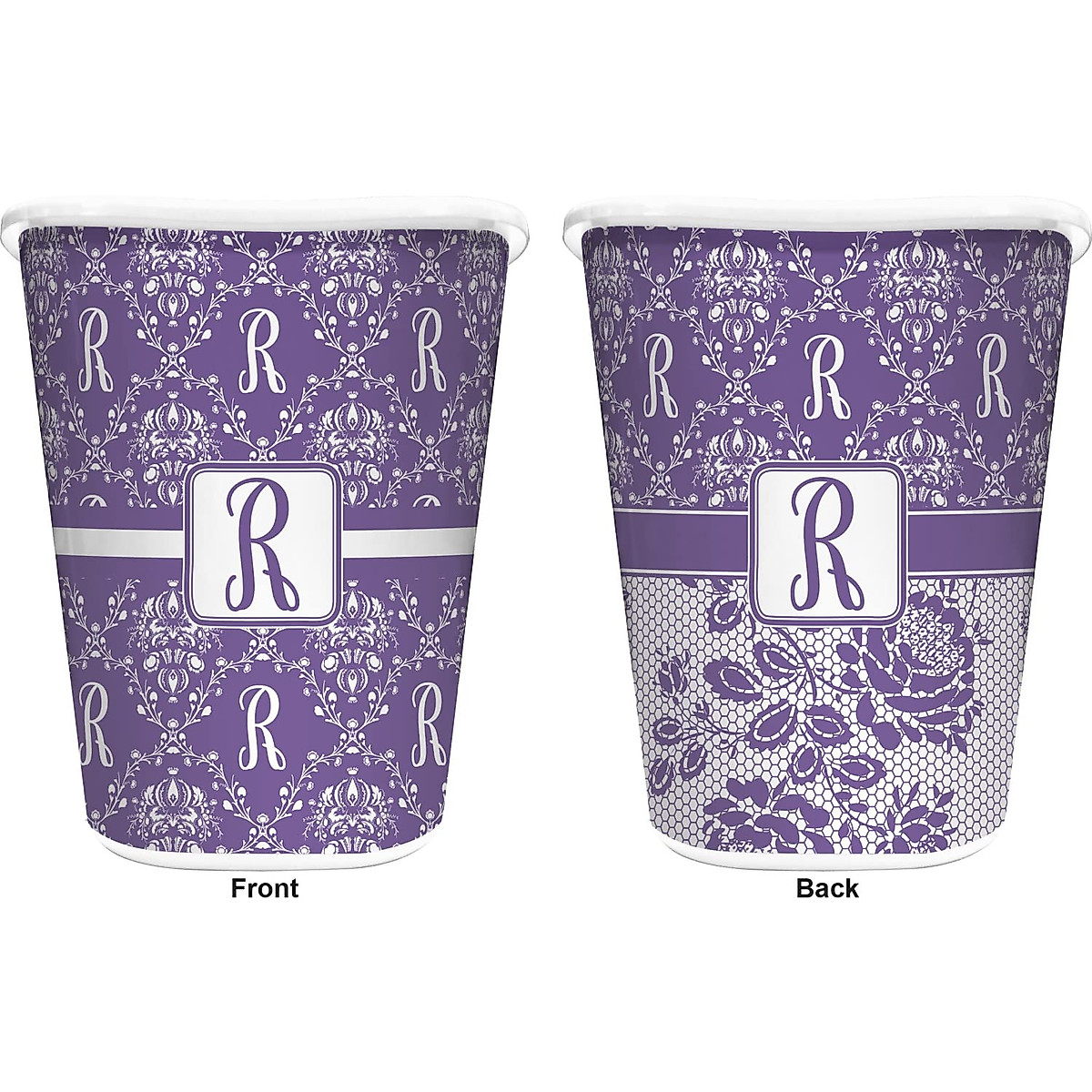 RNK Shops Personalized Initial Damask Waste Basket - Double Sided (White)