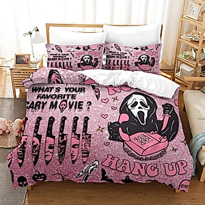 QIANAIWO Halloween Bedding Set 3PCS Pink Cartoon Skeleton Comforter Cover 'No You Hang Up' Funny Horror Ghost Design, Halloween Decor Horror Theme Bedding Set (A,Full)