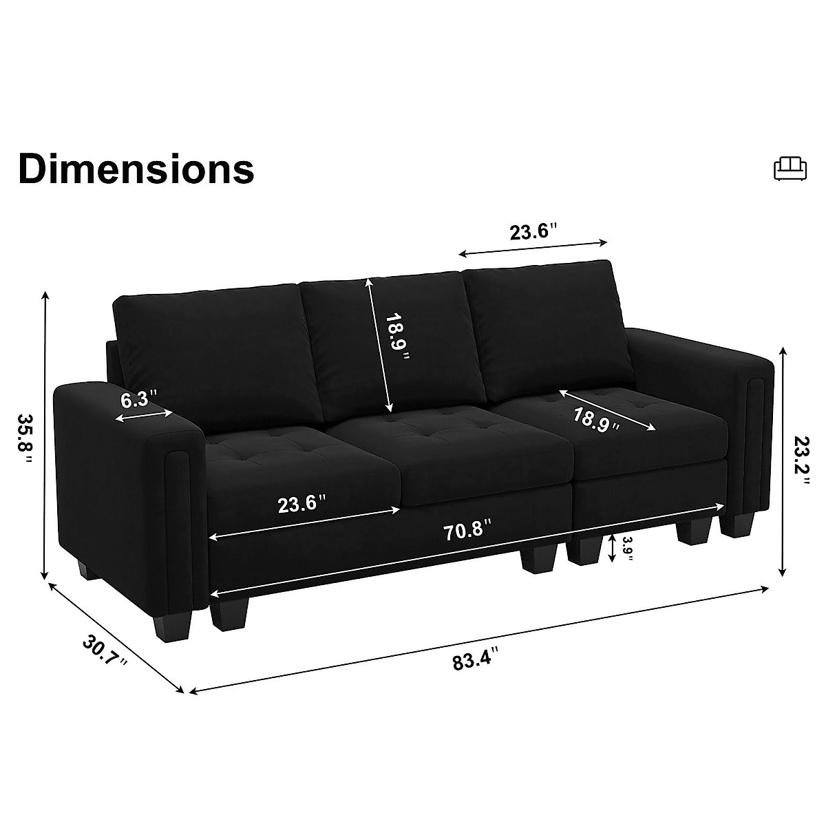 Belffin Velvet Modular Sofa Couch 3 Seater Sofa Couch for Living Room Black