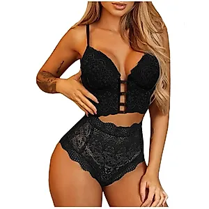 Aniywn Women Sexy Push Up Lace Bra and High Waist Panty Set Women Bralette Lingerie 2 Piece Outfits Babydoll Bodysuit Black
