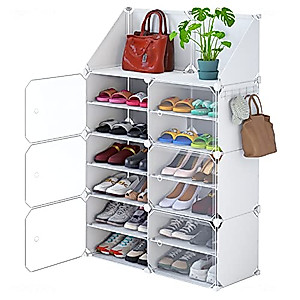 NiHome Stackable Shoe Organizer with Doors - Holds 24 Pairs, Expandable Closet Shoe Rack, Plastic Cabinet with Free-Standing Design for Home, Office and Garage Storage (White)